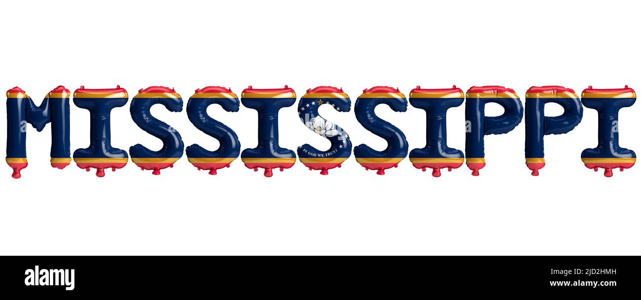 3d illustration of mississippi-letter balloons with state flag colors ...