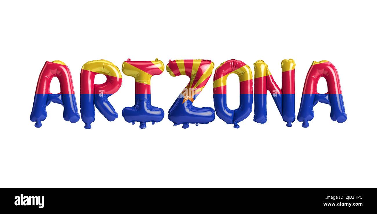 3d illustration of arizona-letter balloons with state flag colors ...