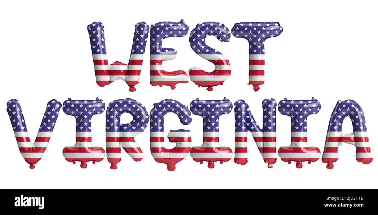 3d illustration of west virginia-letter balloons with usa flag colors ...