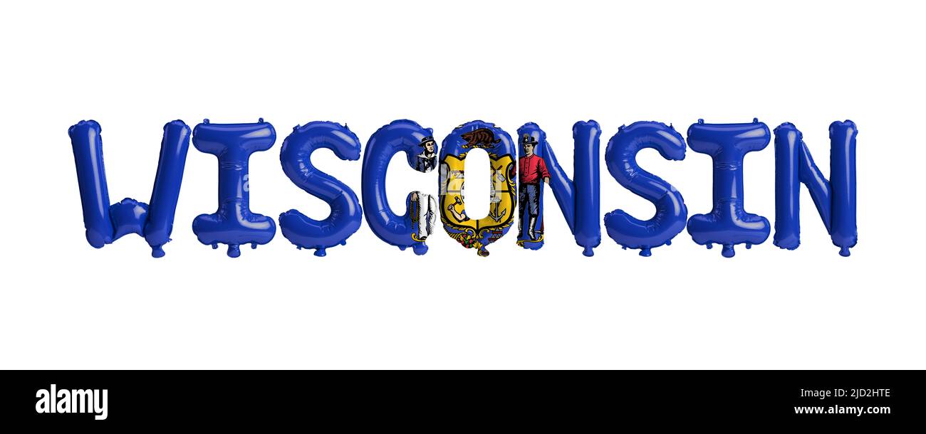 3d illustration of wisconsin-letter balloons with state flag colors ...