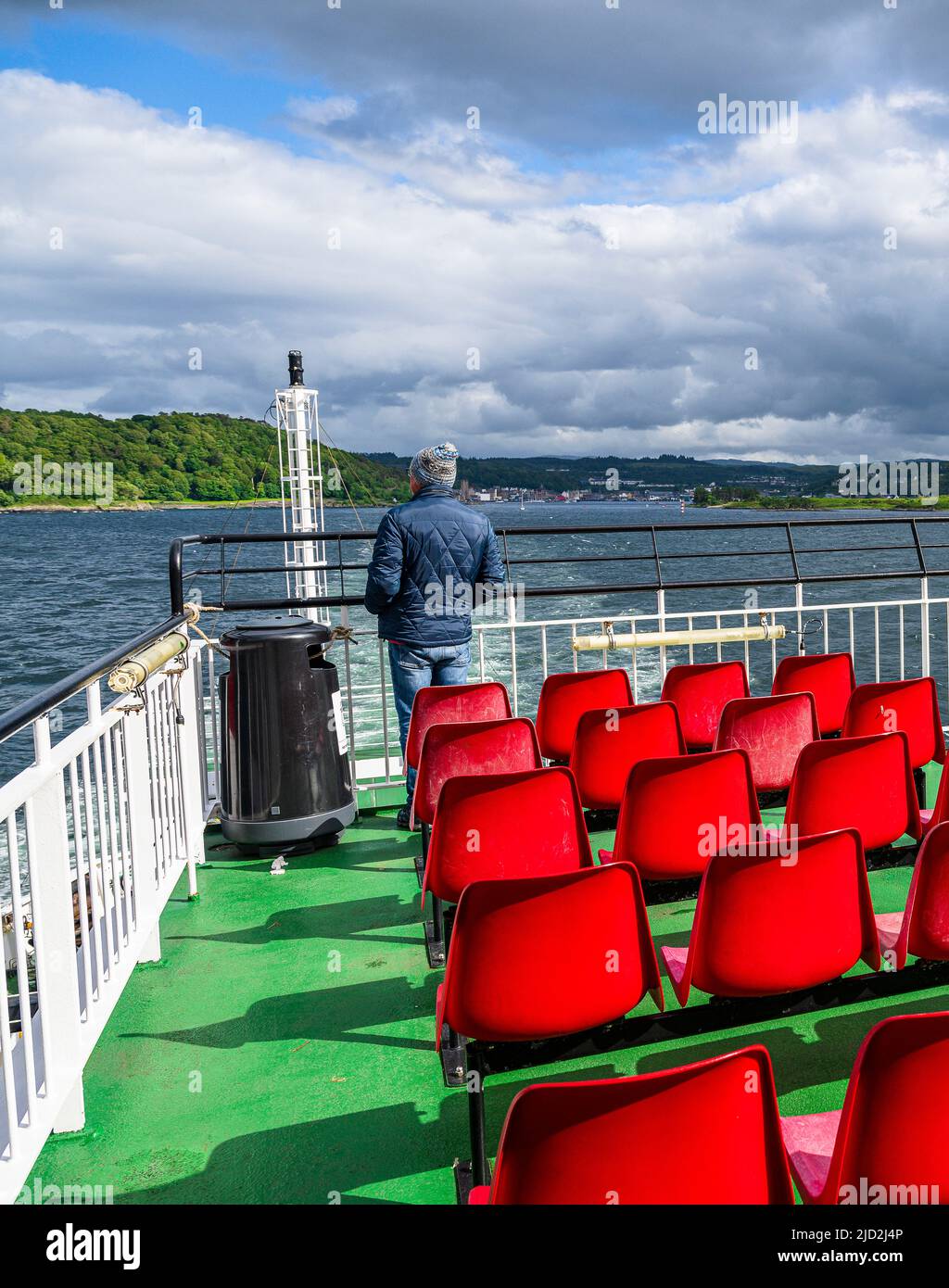 Onboard the ferry departing for the Isle of Mull, looking back to the ...