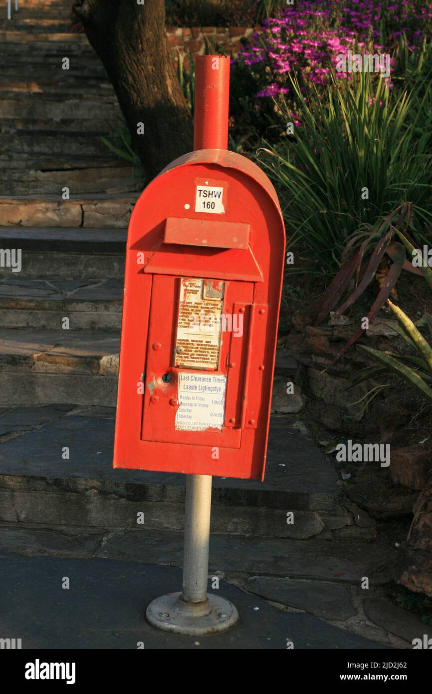 Old red post box retro at bottom of stairwell, Voortrekker Monument ...