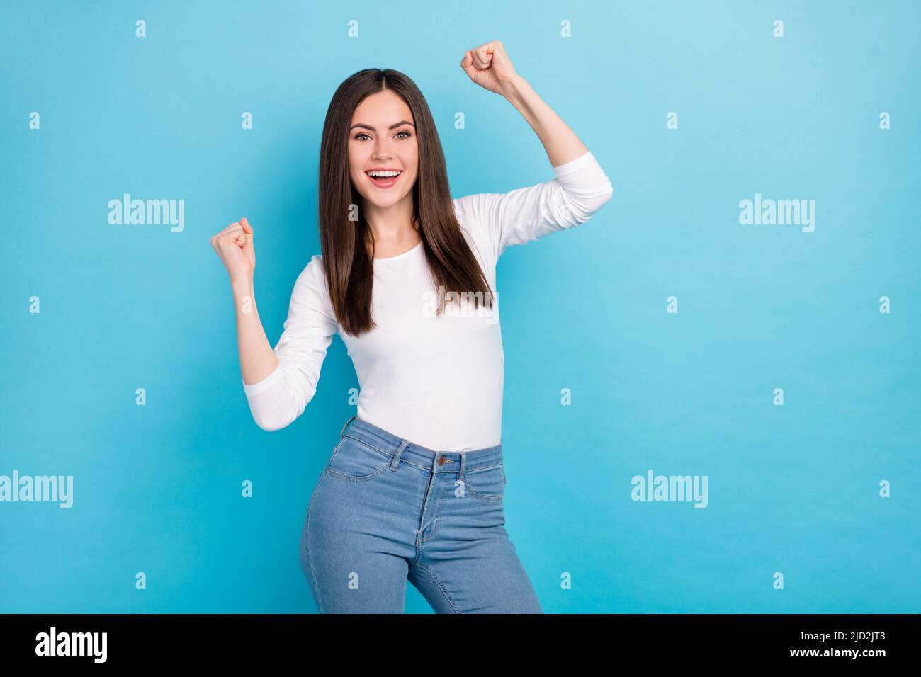 Portrait of attractive lucky cheerful girl dancing having fun isolated ...