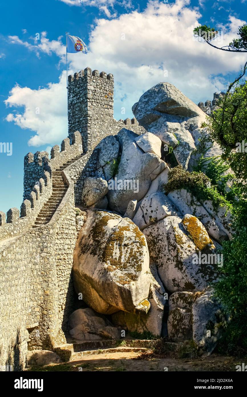 Lisbon defense castle in Portugal with wall along mountain Stock Photo ...