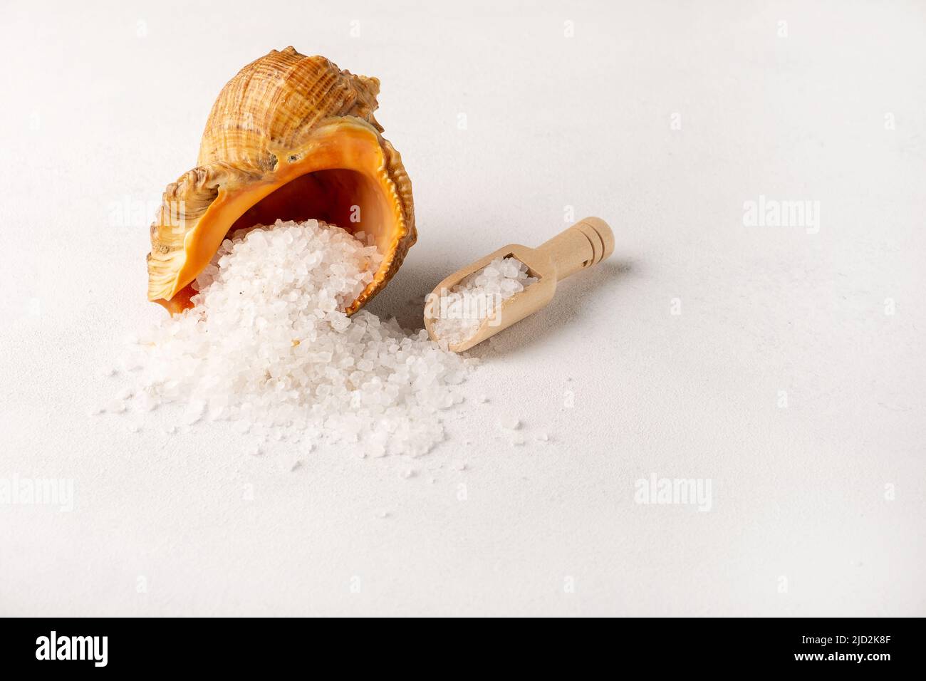 Organic spa sea salt, shell from the sea and a wooden scoop Stock Photo ...