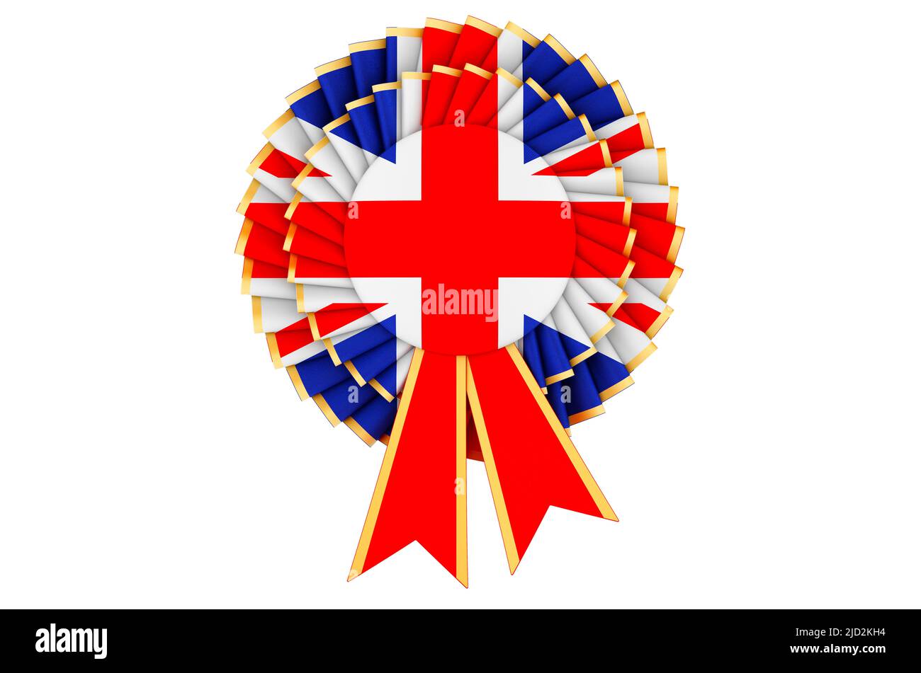 British flag painted on the award ribbon rosette. 3D rendering isolated ...