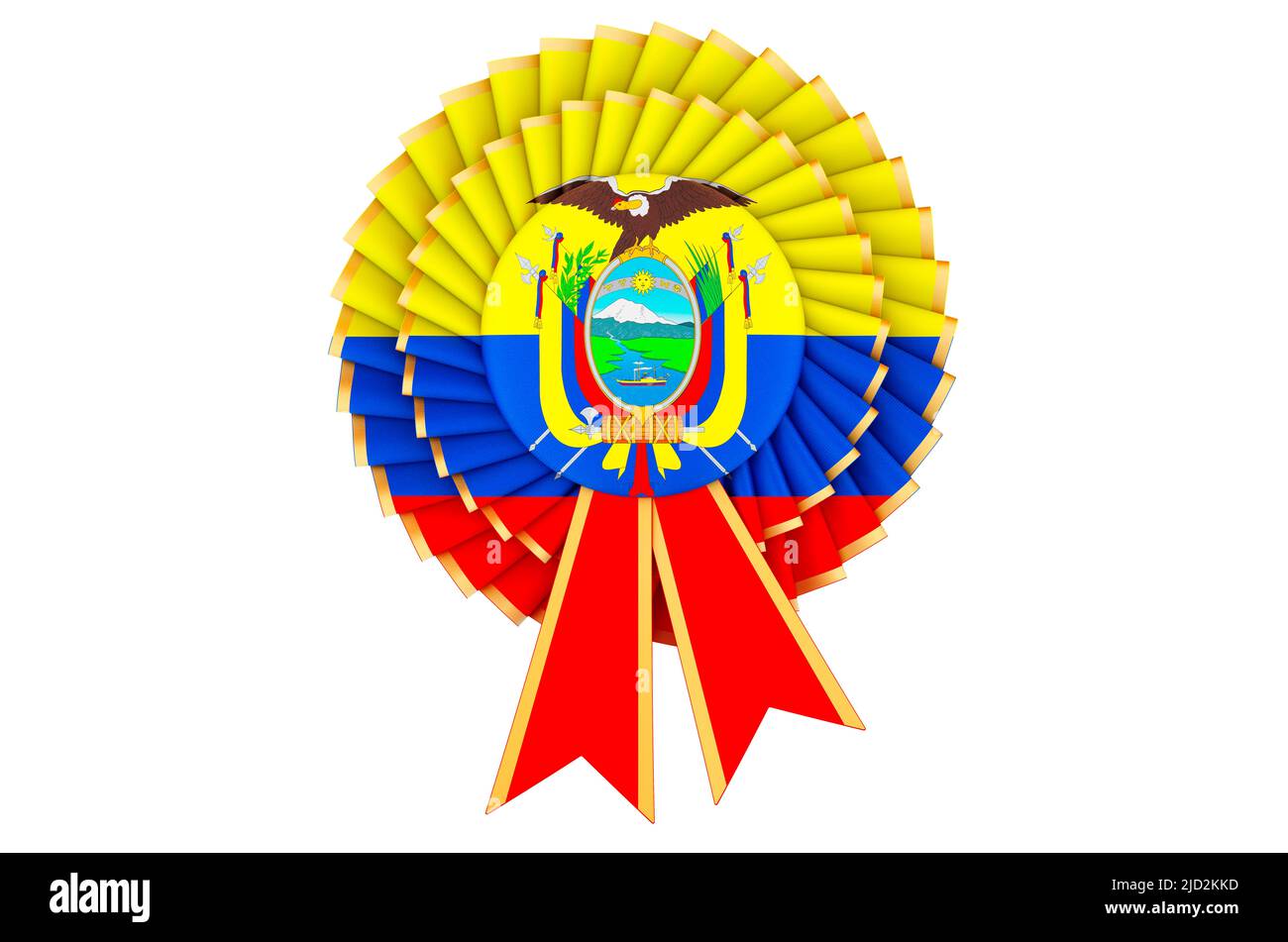 Ecuadorian flag painted on the award ribbon rosette. 3D rendering ...