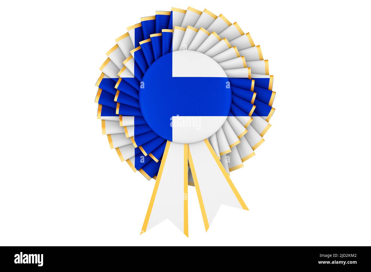 Finnish flag painted on the award ribbon rosette. 3D rendering isolated ...