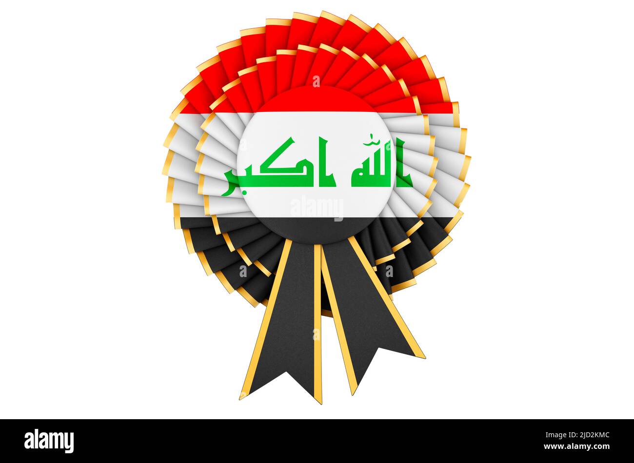 Iraqi flag painted on the award ribbon rosette. 3D rendering isolated ...