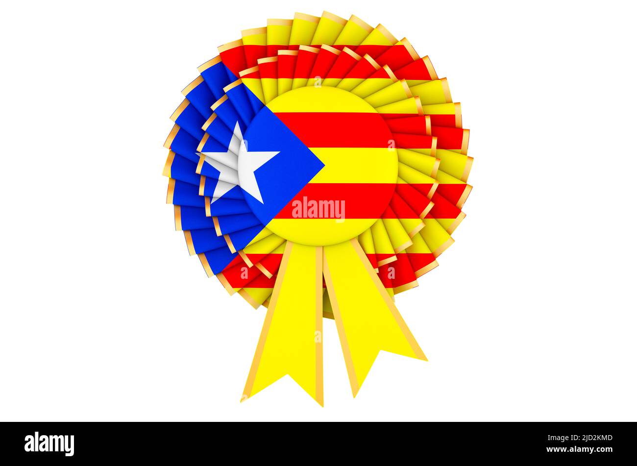 Catalan flag painted on the award ribbon rosette. 3D rendering isolated ...