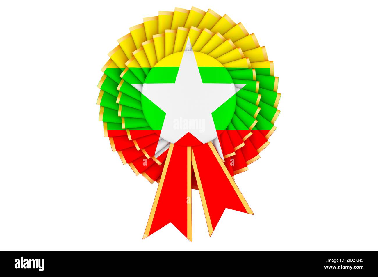 Myanmar flag painted on the award ribbon rosette. 3D rendering isolated ...