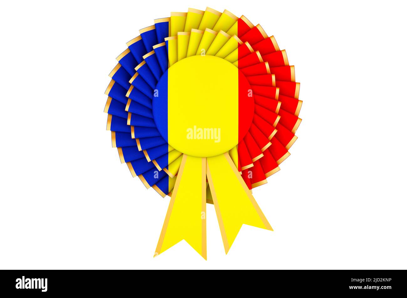 Romanian flag painted on the award ribbon rosette. 3D rendering ...
