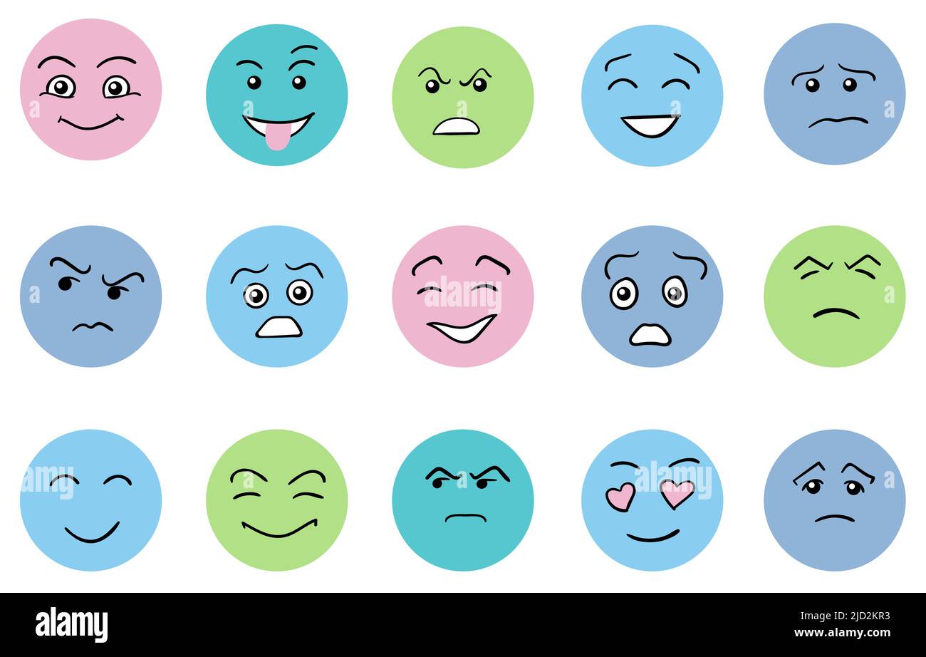 Cartoon cute and funny faces with positive and negative emotions. Comic ...