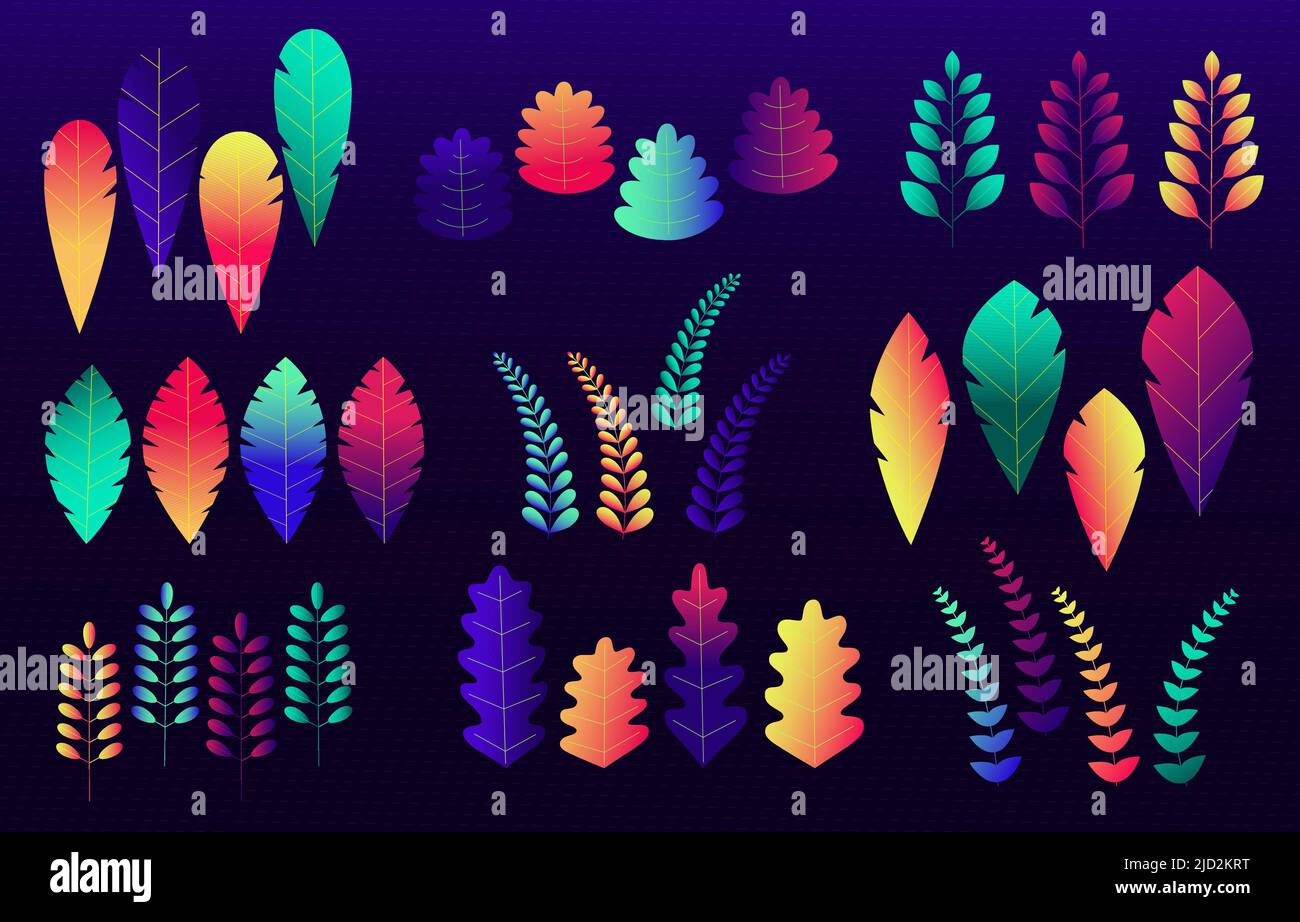 Set of neon gradient color leaves isolated on white background. Trendy ...