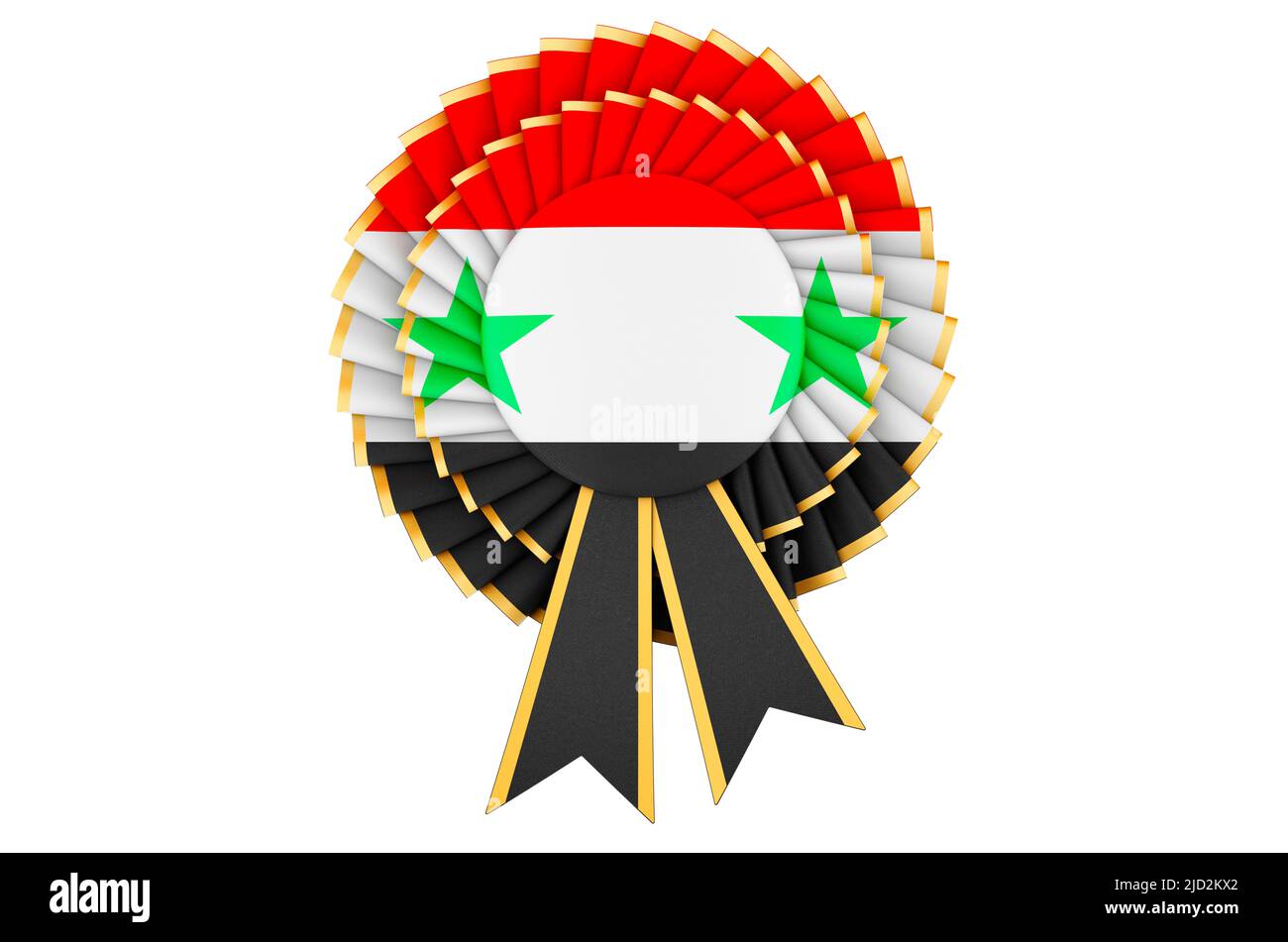Syrian flag painted on the award ribbon rosette. 3D rendering isolated ...