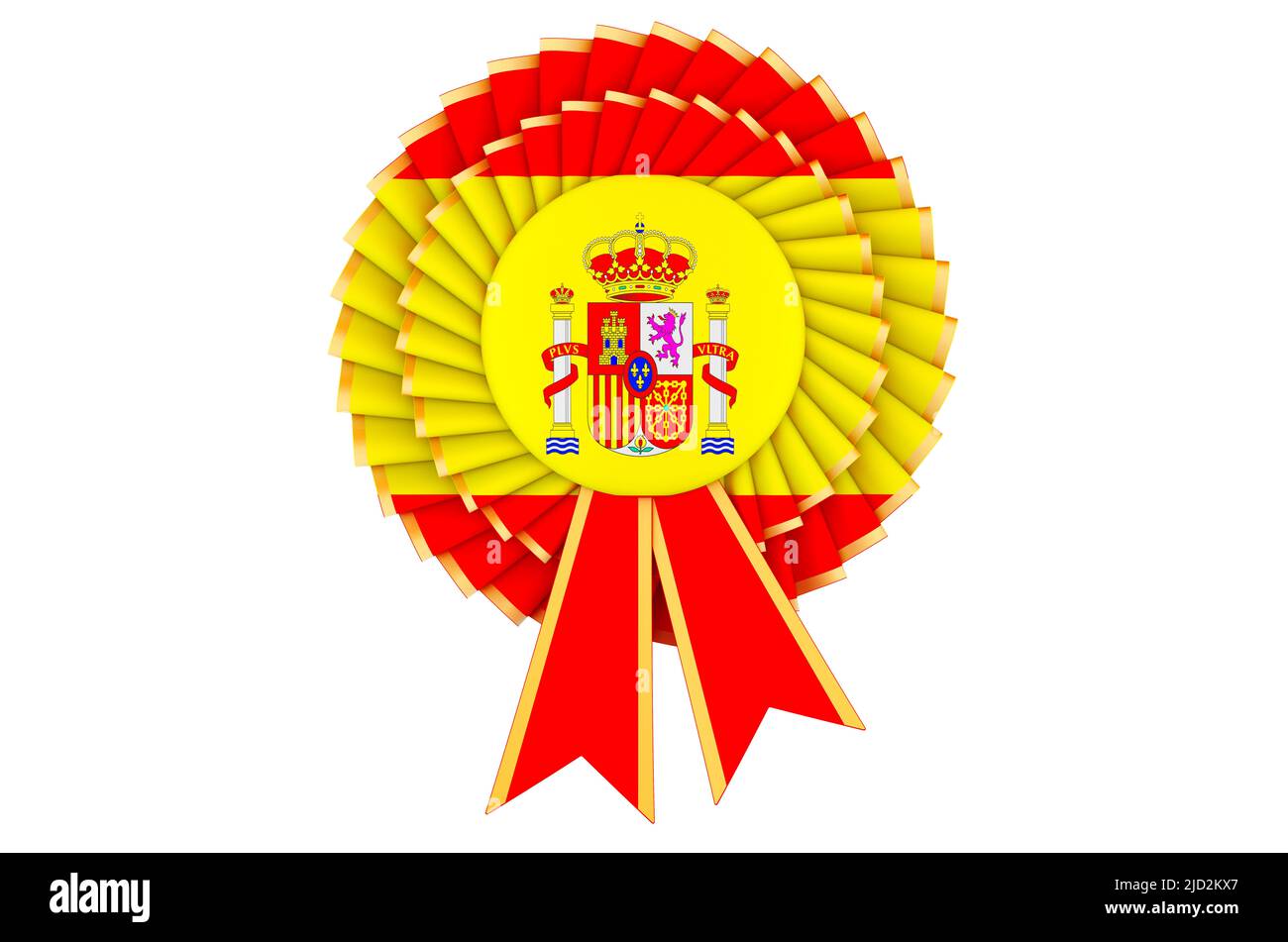 Spanish flag painted on the award ribbon rosette. 3D rendering isolated ...