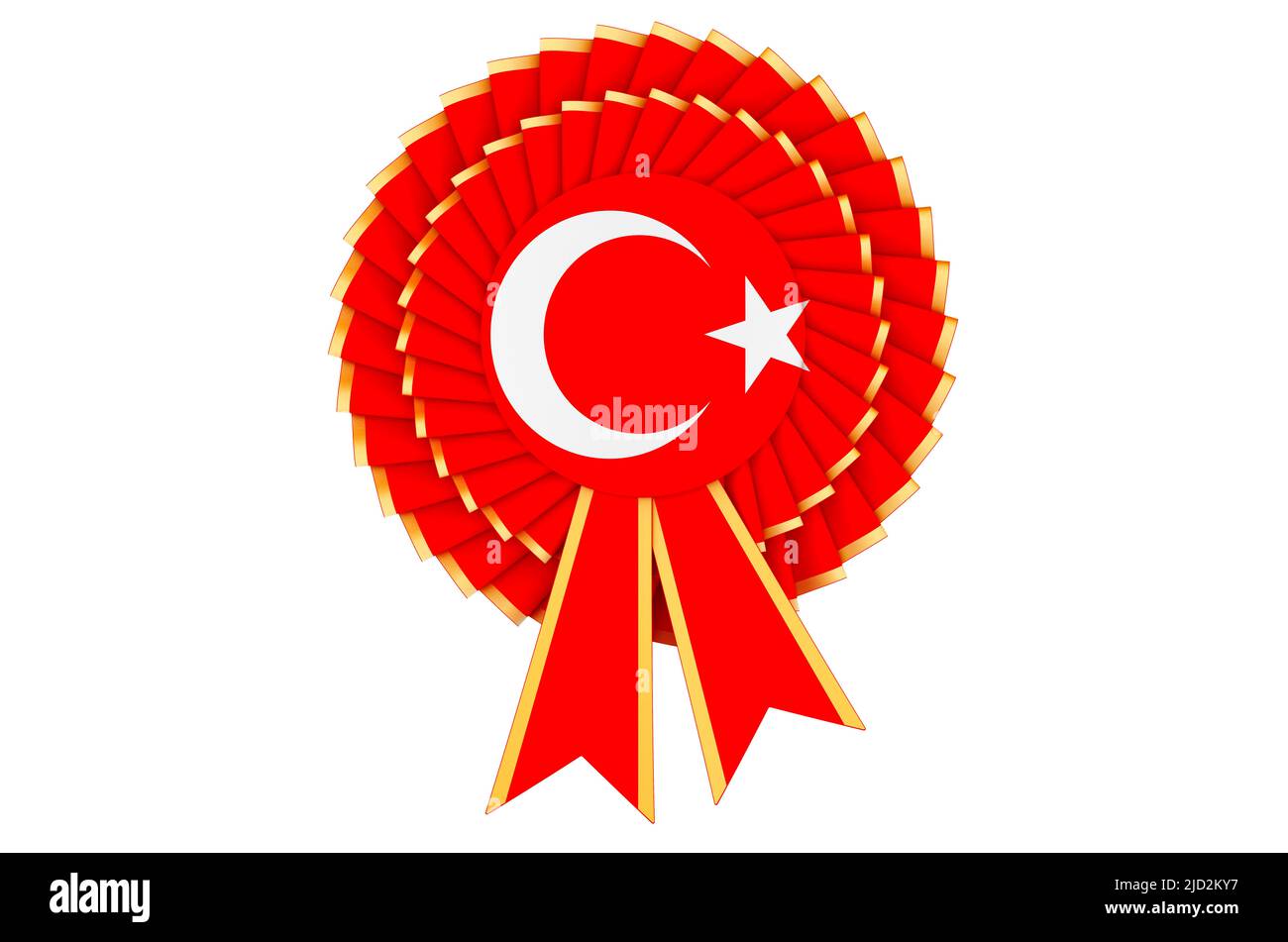 Turkish flag painted on the award ribbon rosette. 3D rendering isolated ...