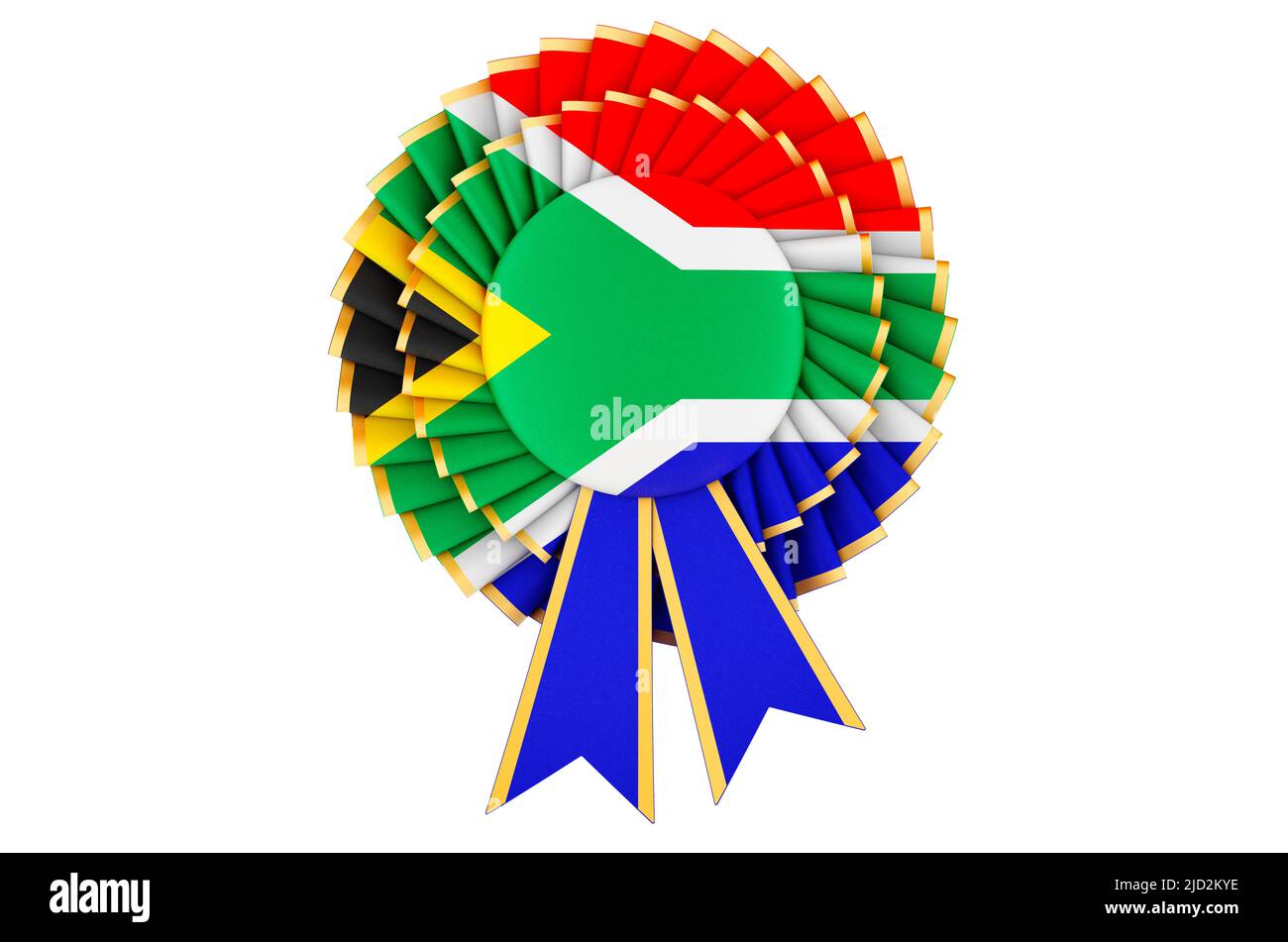 South African flag painted on the award ribbon rosette. 3D rendering ...