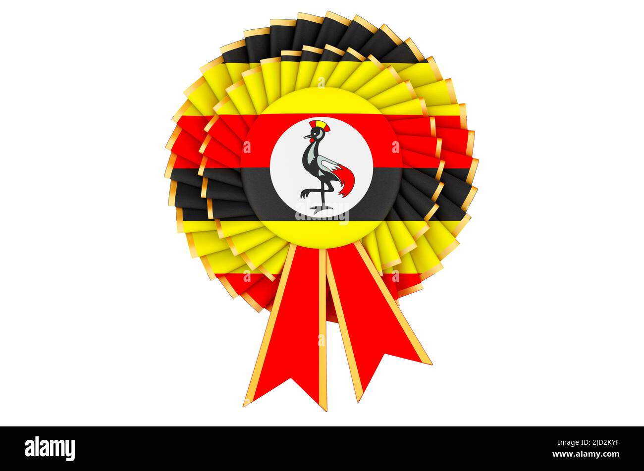 Ugandan flag painted on the award ribbon rosette. 3D rendering isolated ...