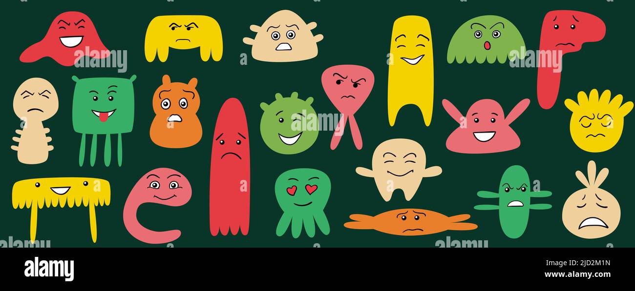 Cartoon cute and funny faces with positive and negative emotions. Comic ...