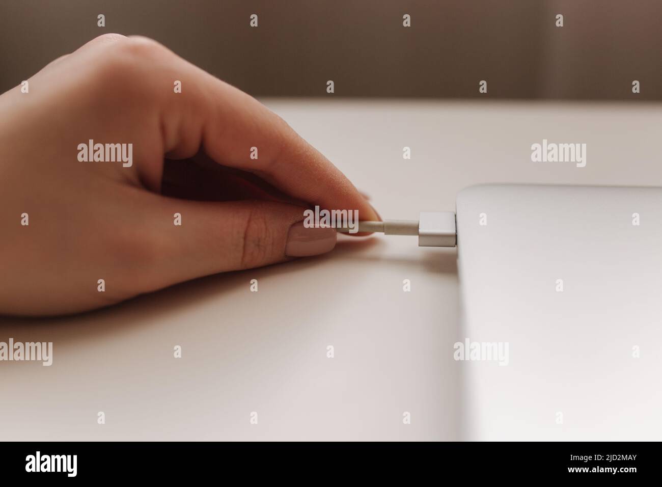 Human hand holding the power plug of pc notebook. Laptop power. Charger ...