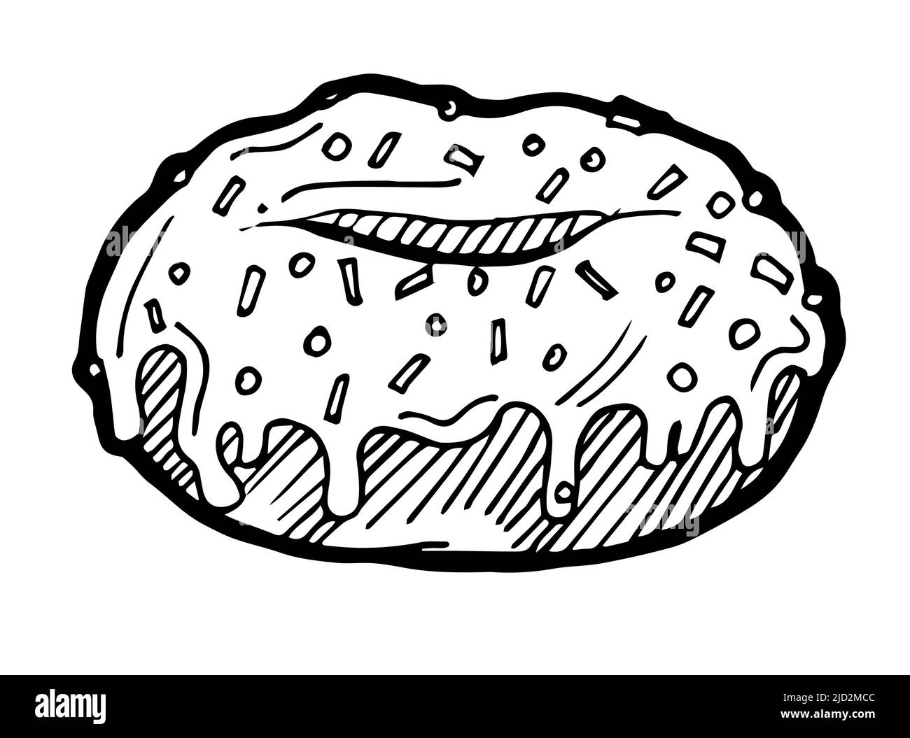 Round pastry with a hole, cream and sweet sprinkles. Hand drawing ...