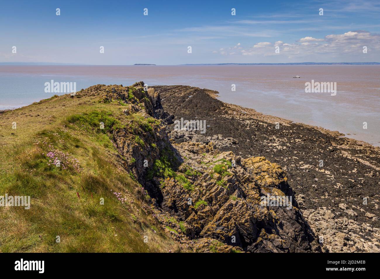 West across the rocks of Sand Point to Flat Holm island and the Devon ...