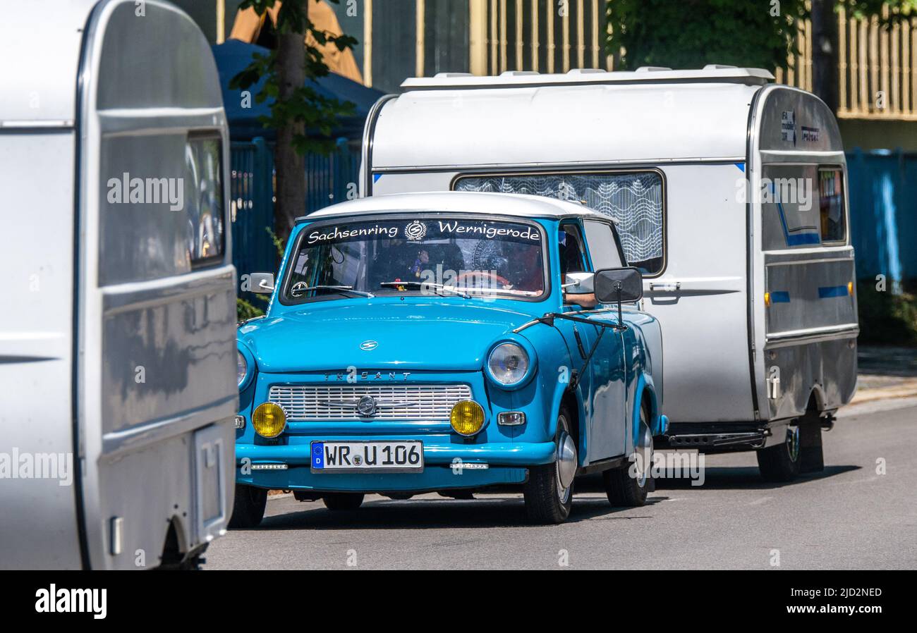 Zwickau, Germany. 17th June, 2022. The driver of a Trabant with QEK ...