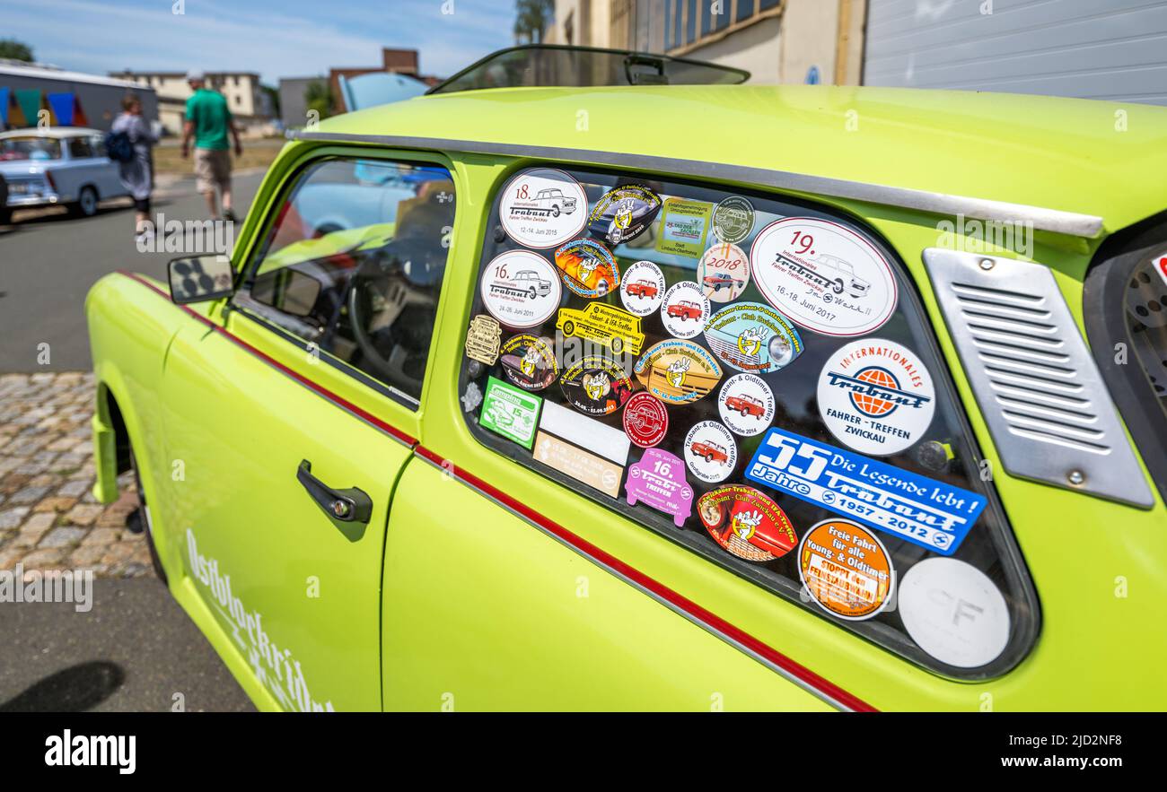 Zwickau, Germany. 17th June, 2022. Stickers from Trabant meetings of ...