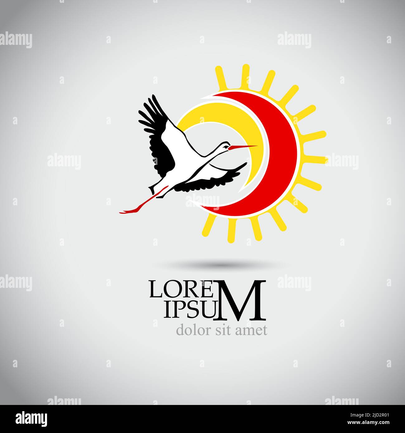 Flying stork and sun. Vector illustration. Flying stork silhouette logo ...