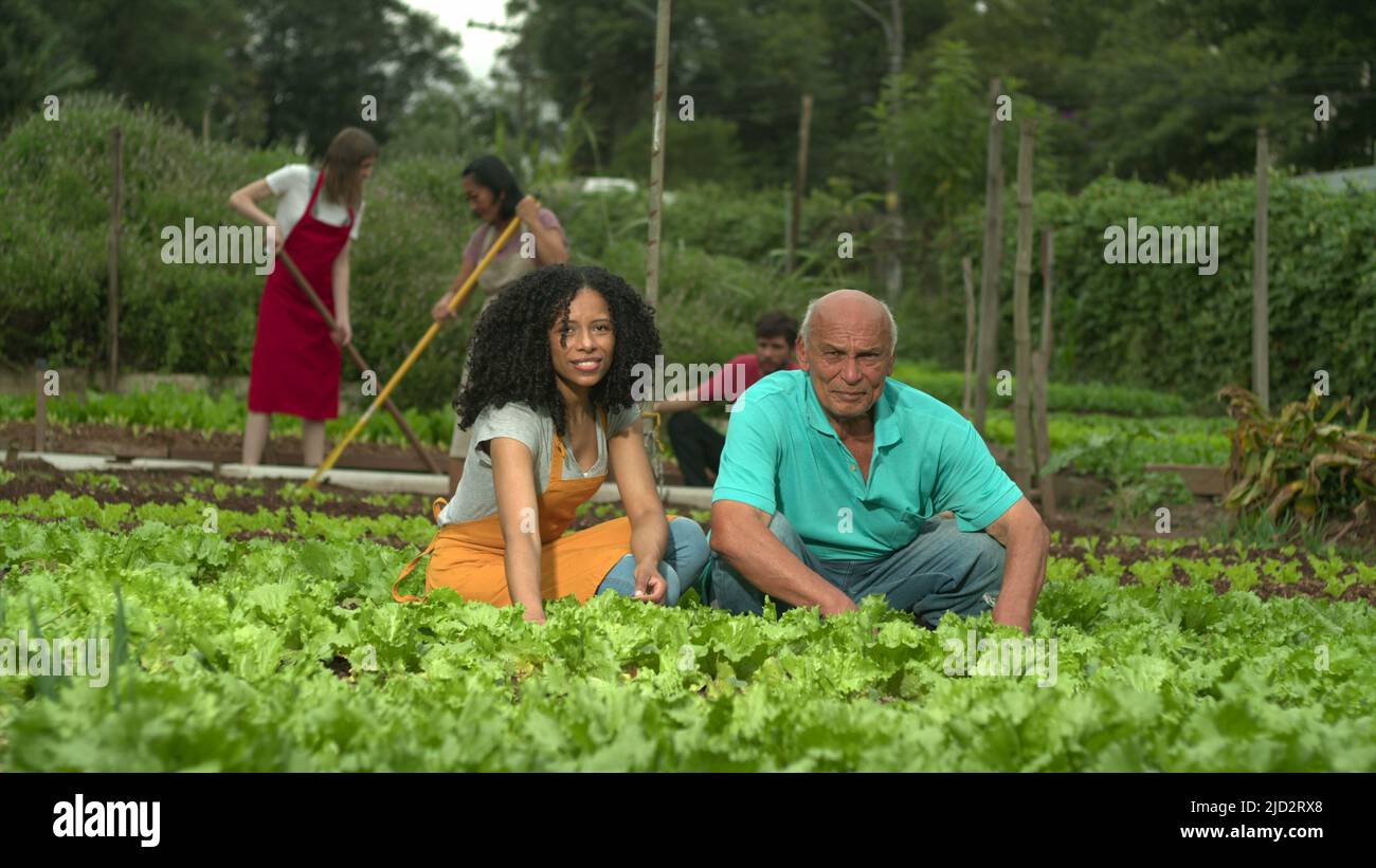Small farmers smiling at camera working on a community farm cultivating ...