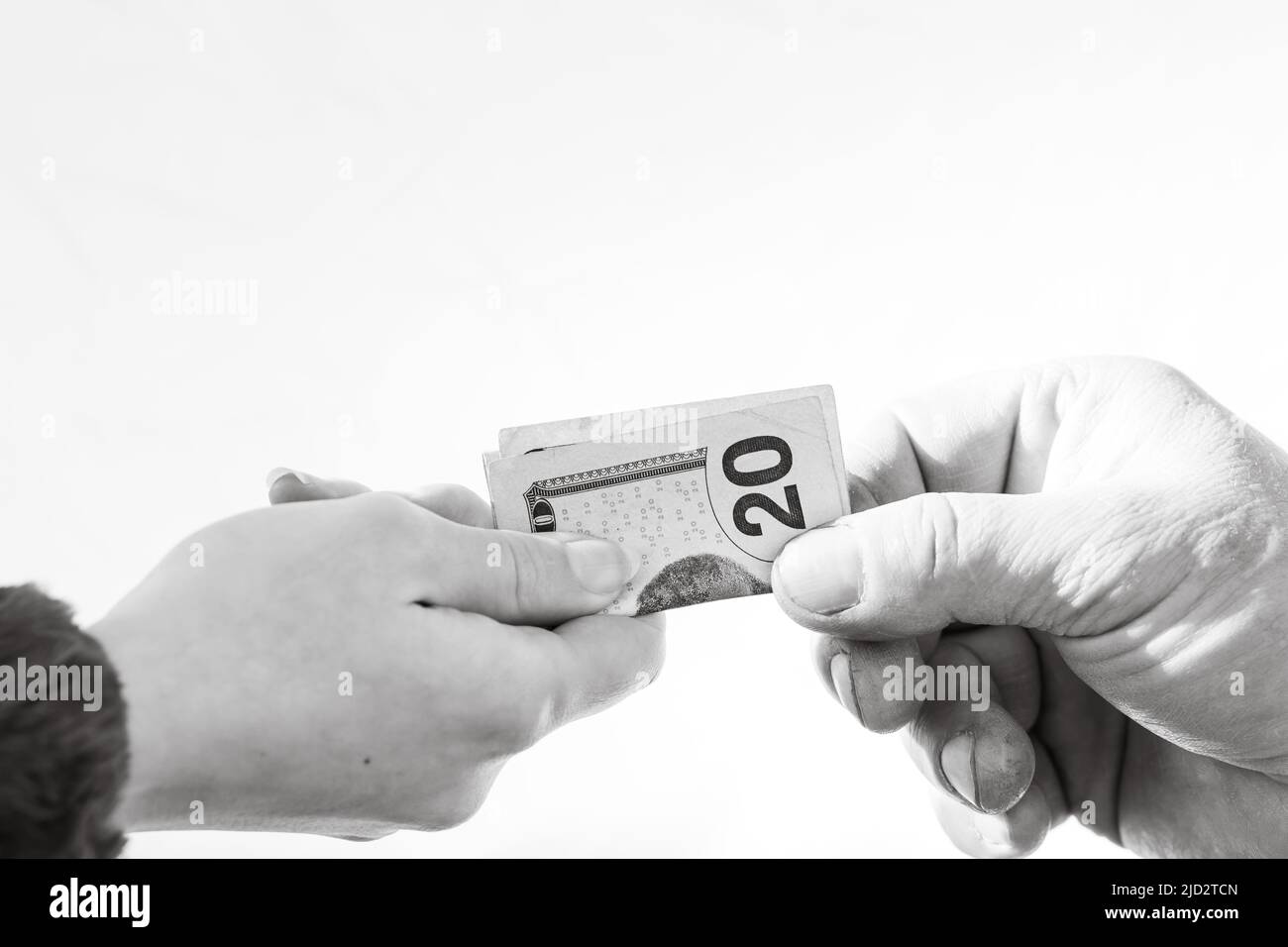 Hand giving money isolated, hard worked hand taking dollars money ...