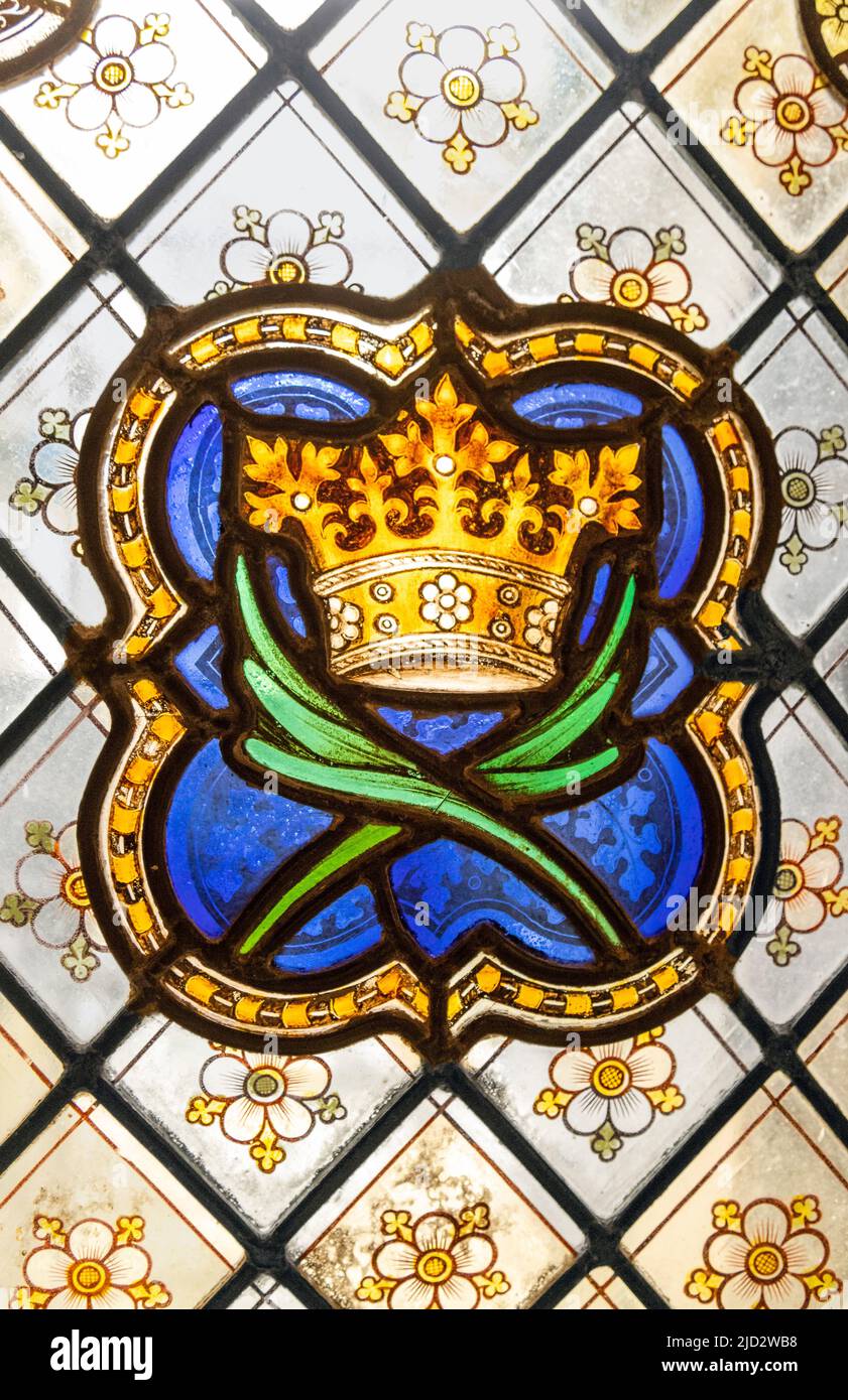 Stained-glass window panel in Gloucester Cathedral’s cloisters, dating ...