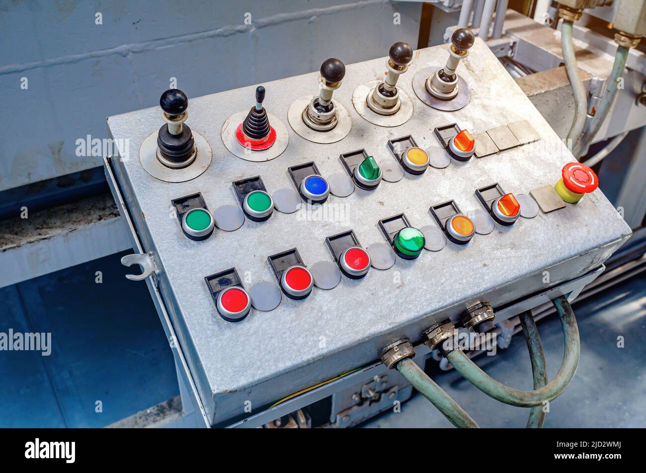 Control panel for machine. Production background. Buttons, toggle ...