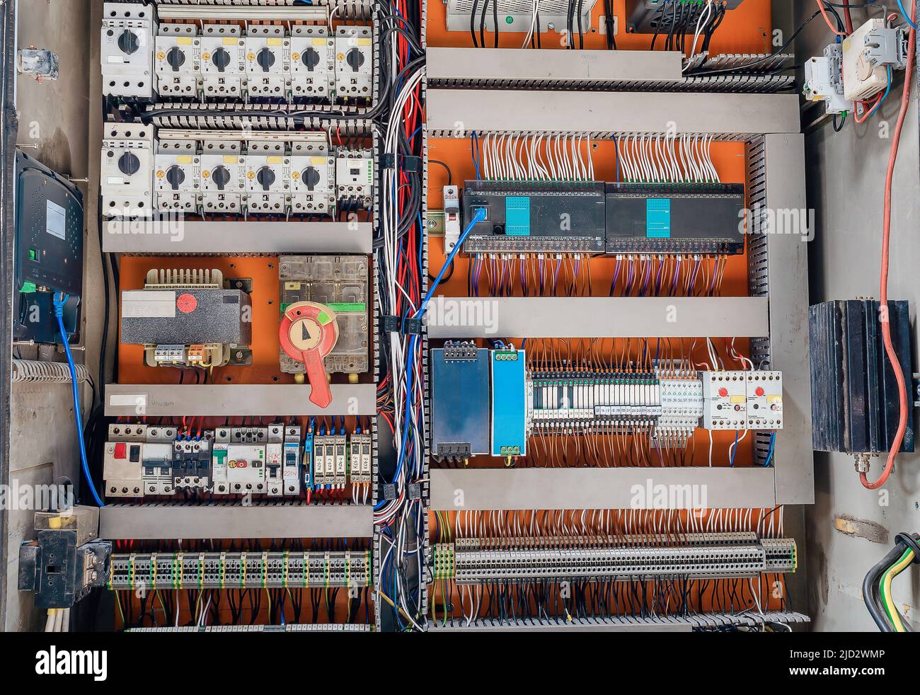 Shield, control of industrial equipment. Wires, connections, switches ...