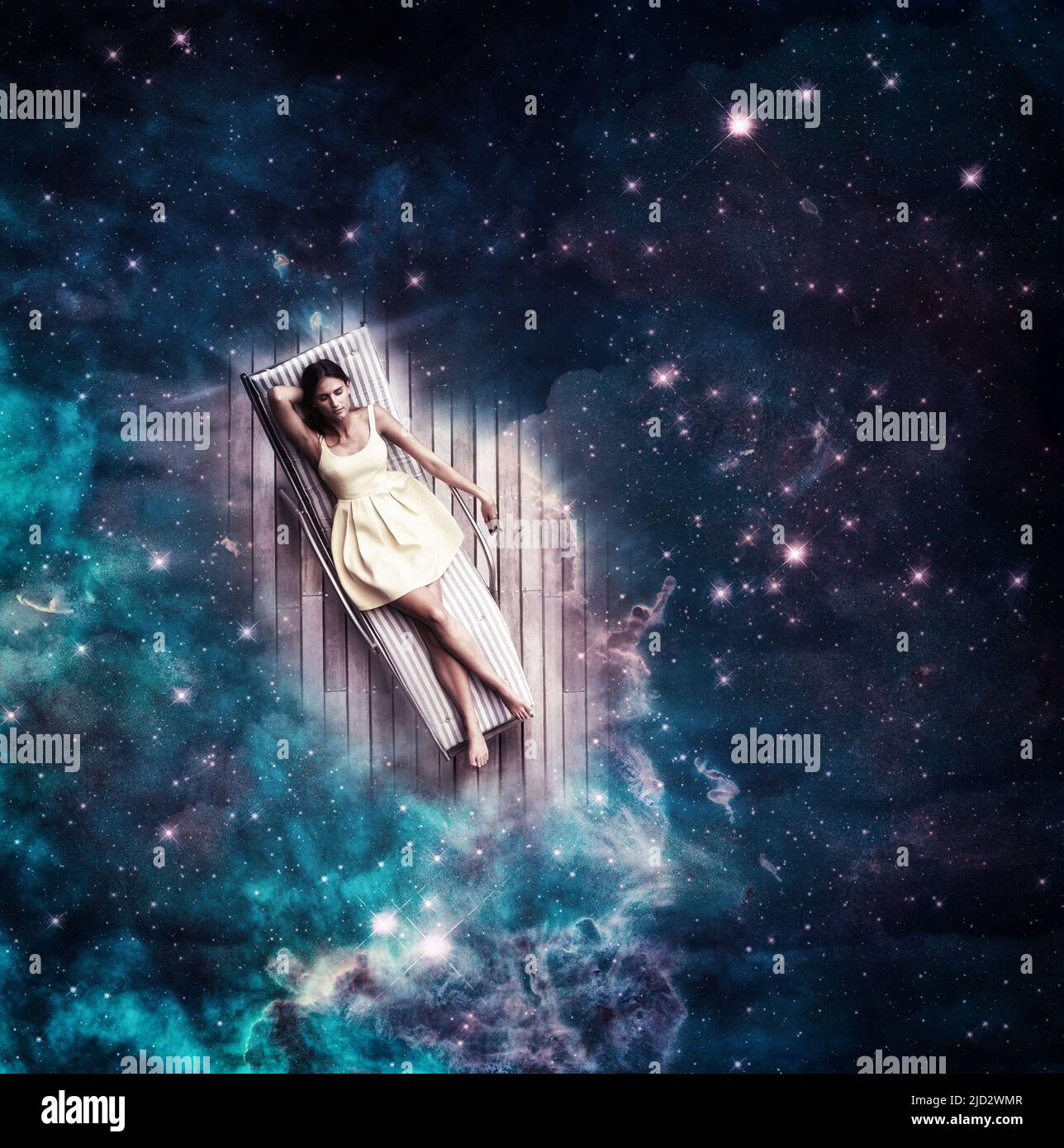 Dreaming through the universe. Illustration of a young woman sleeping ...
