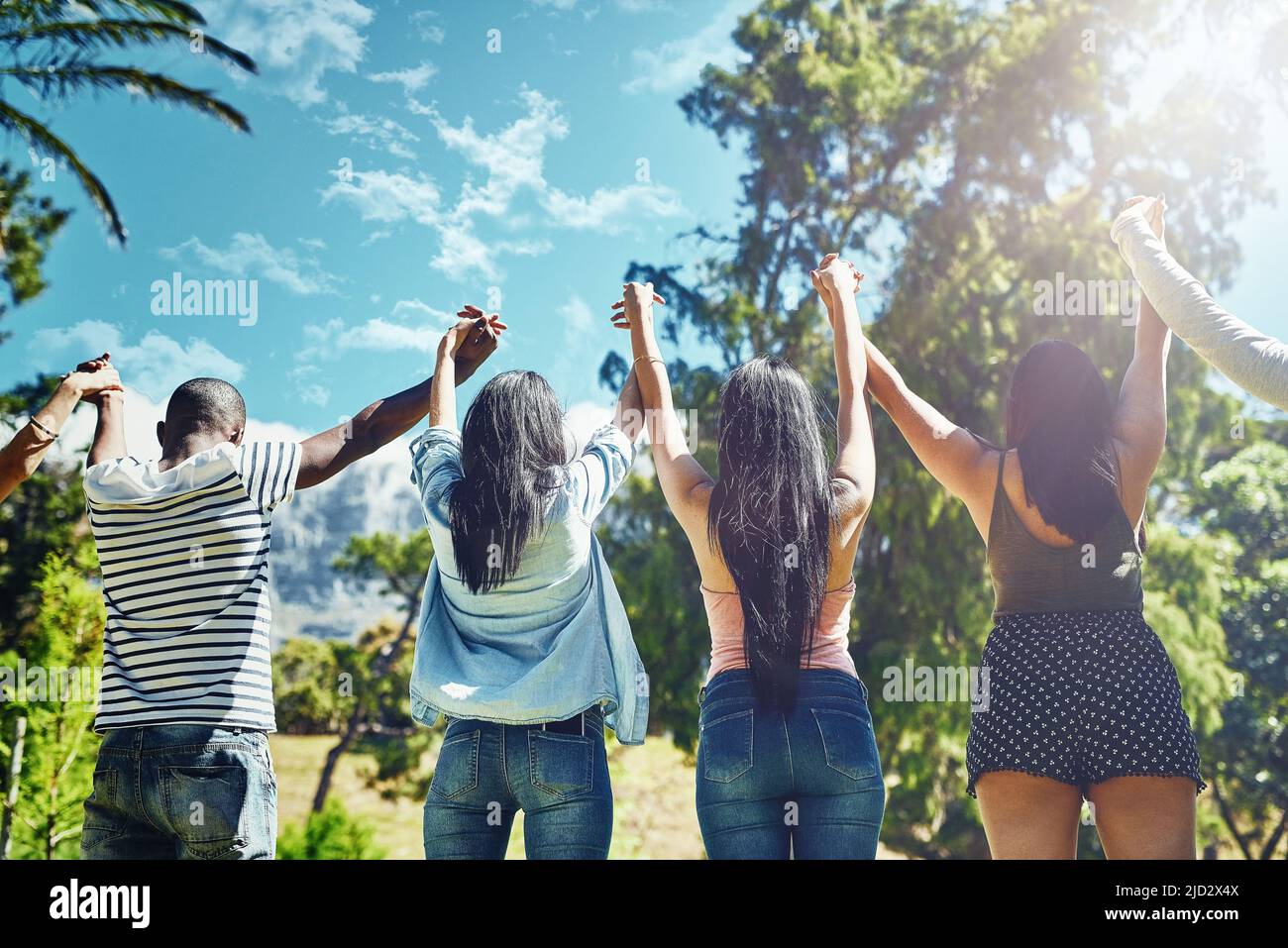 Together we rise. Rearview shot of a group of young friends raising ...