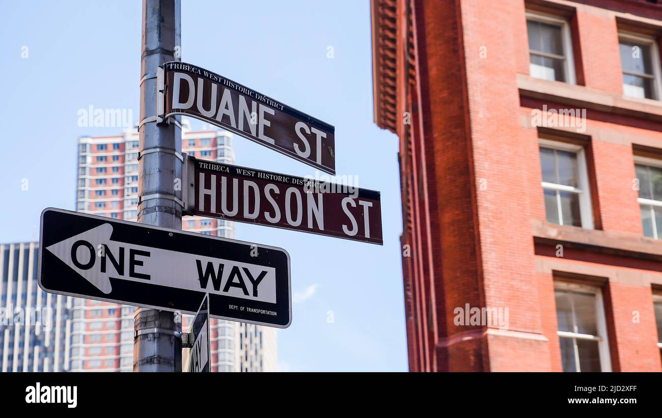 NEW YORK, NY - JUNE 9, 2022: Street sign from Duane street and Hudson ...