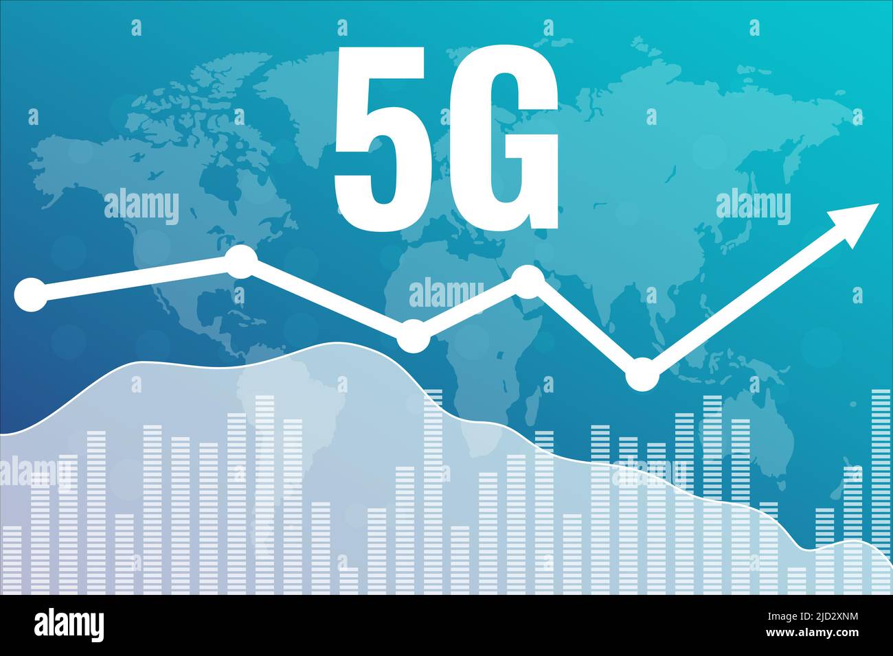 Word 5G on blue finance background with columns, line, arrow, word map ...