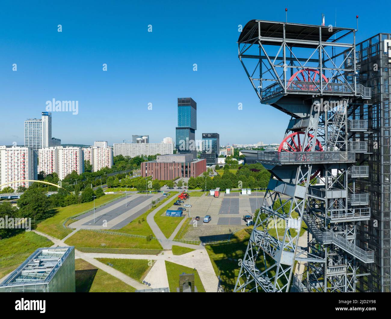 Aerial photo of “Spodek” arena complex and modern city center of ...