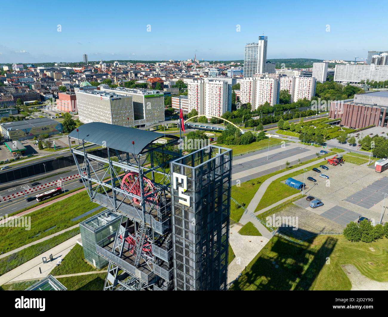 Aerial photo of “Spodek” arena complex and modern city center of ...