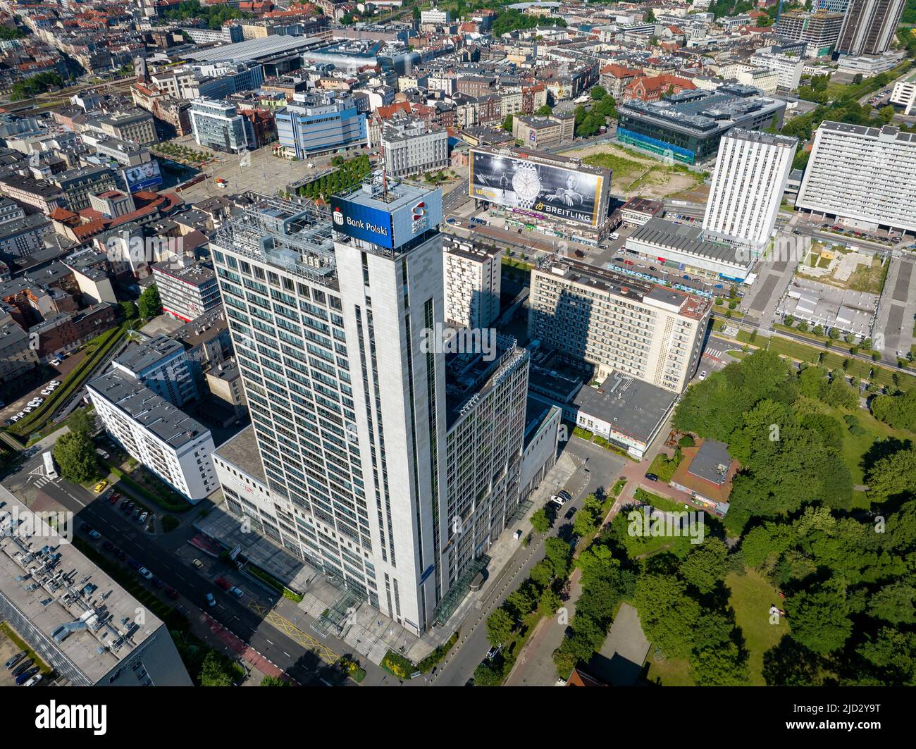 Aerial photo of “Spodek” arena complex and modern city center of ...
