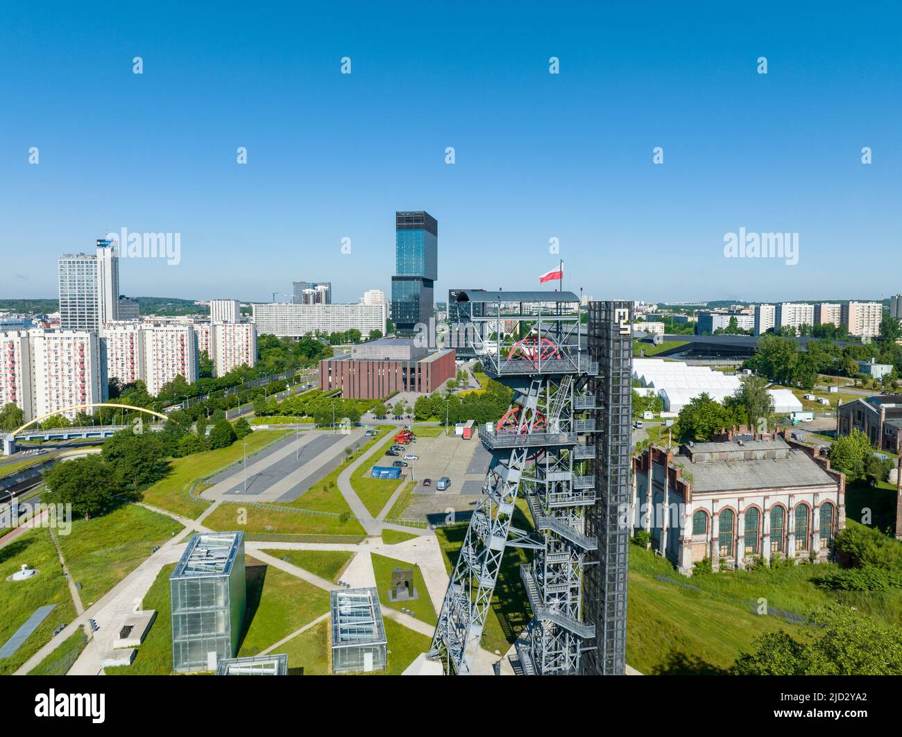 Aerial photo of “Spodek” arena complex and modern city center of ...