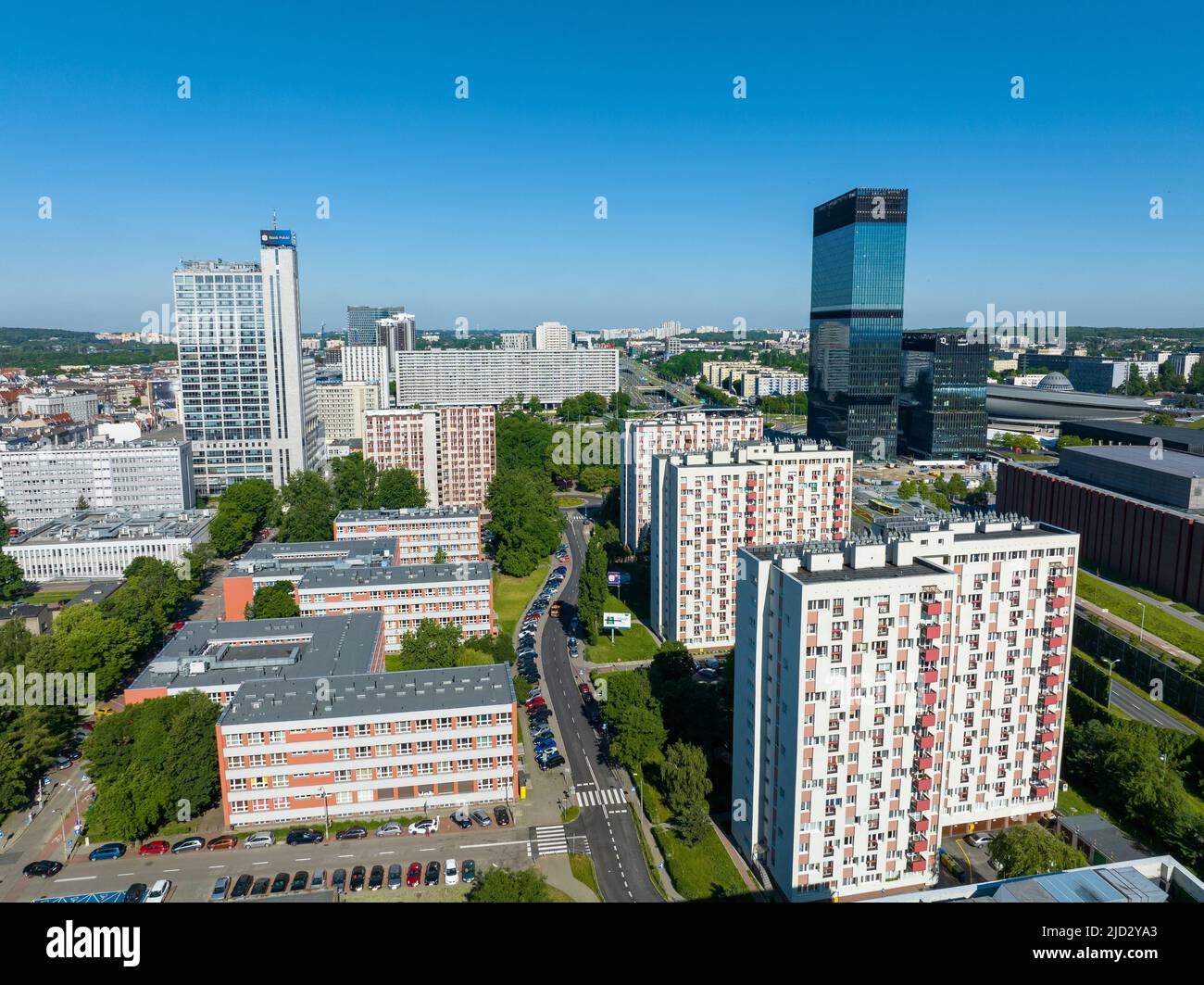 Aerial photo of “Spodek” arena complex and modern city center of ...