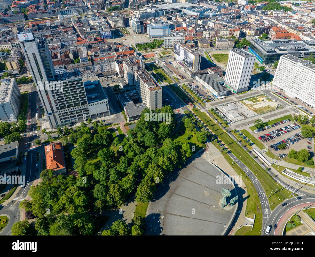 Aerial photo of “Spodek” arena complex and modern city center of ...