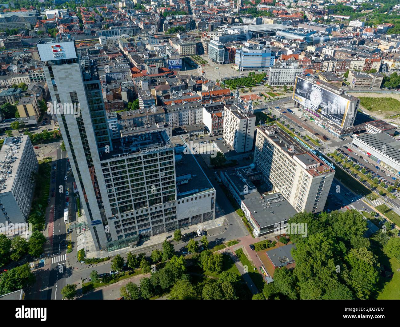 Aerial photo of “Spodek” arena complex and modern city center of Katowice, Upper Silesia. Poland ...