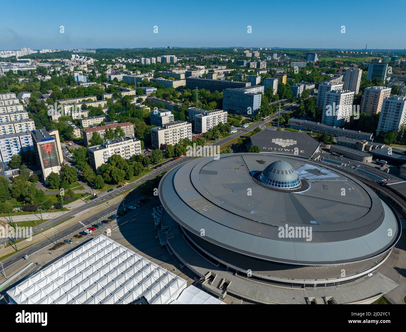 Aerial photo of “Spodek” arena complex and modern city center of ...