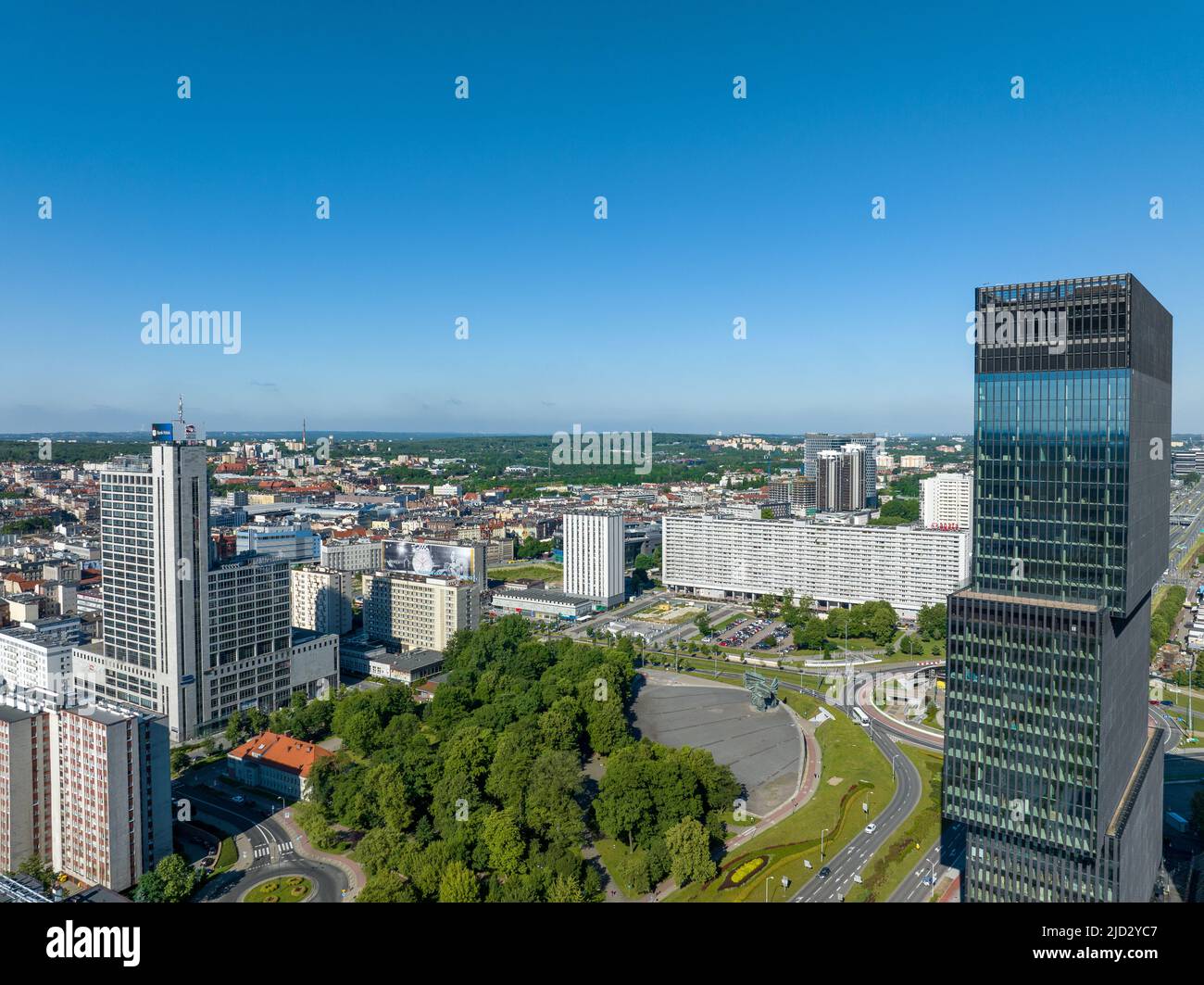 Aerial photo of “Spodek” arena complex and modern city center of Katowice, Upper Silesia. Poland ...
