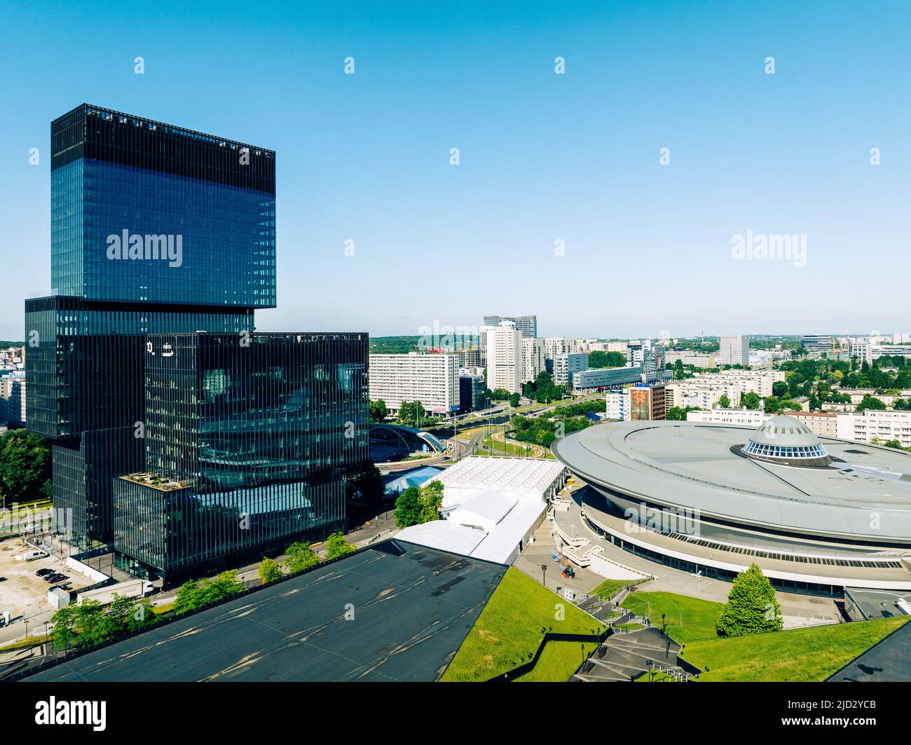 Aerial photo of “Spodek” arena complex and modern city center of ...