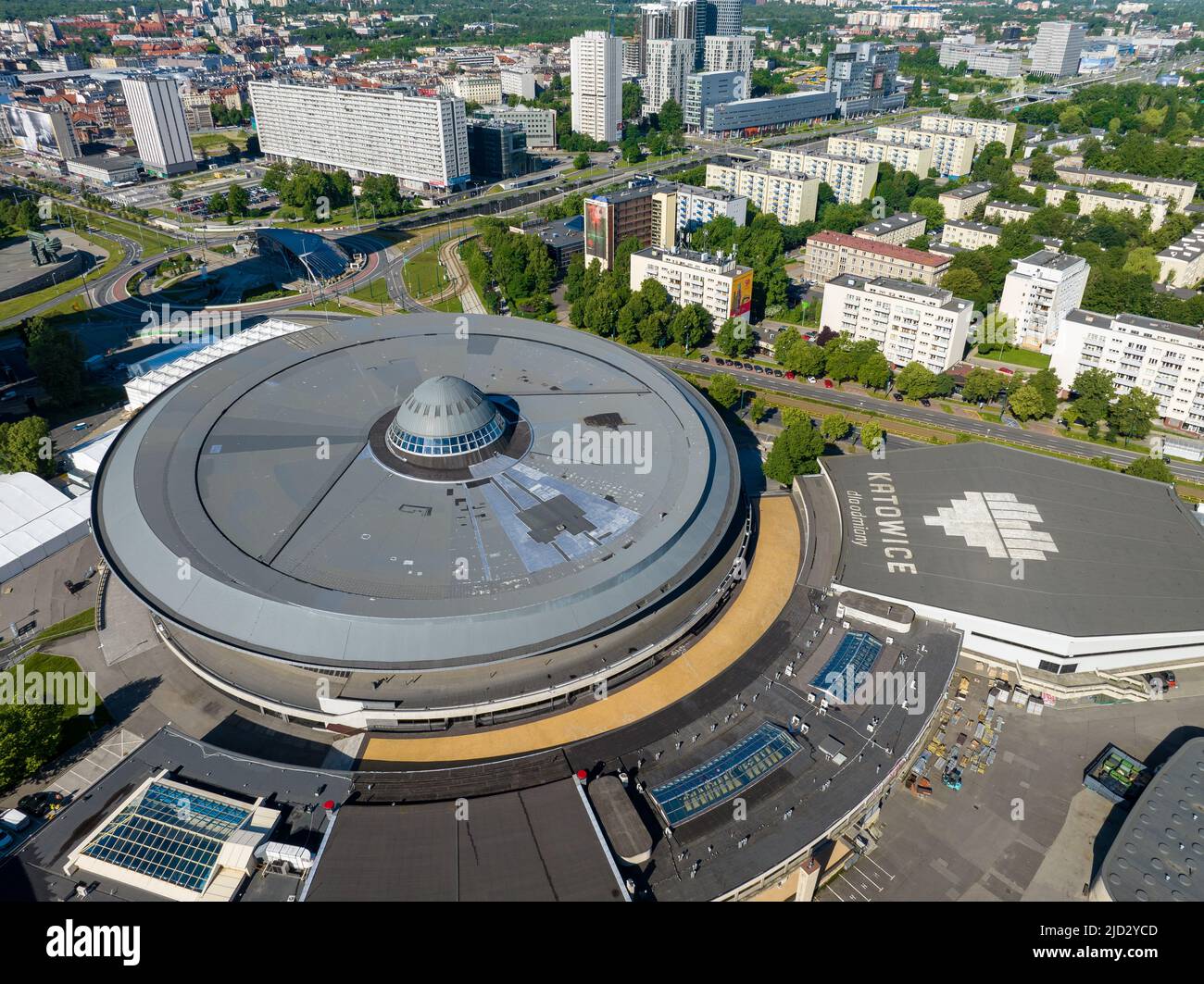 Aerial photo of “Spodek” arena complex and modern city center of ...